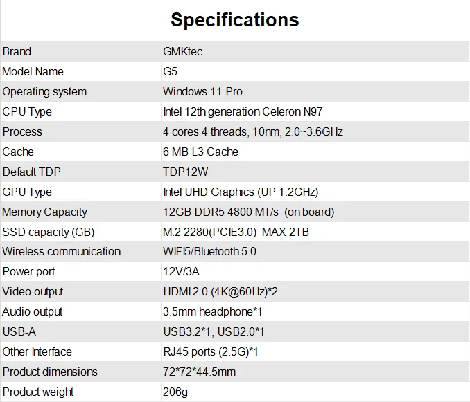 Gmktec G5 Mini PC - Intel Celeron N97, 12GB DDR5, 512GB SSD
