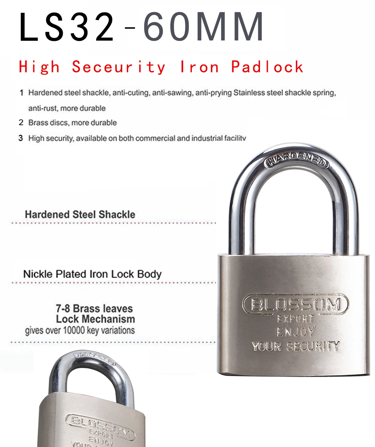 LS32 60MM Blossom Lock - Heavy Duty Iron Padlock with Keys