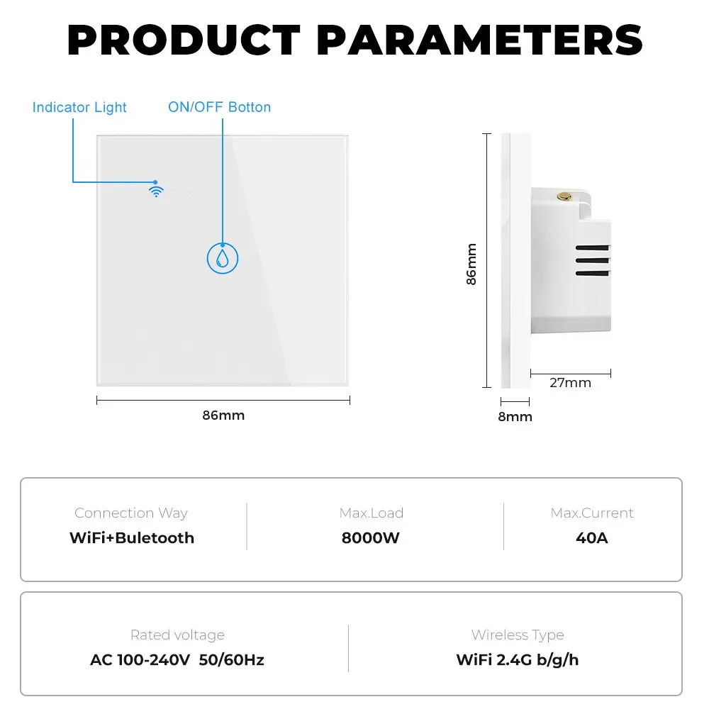 40a 8000w Smart Touch Switch For Boiler Water Heater Timer Panel Switch ...