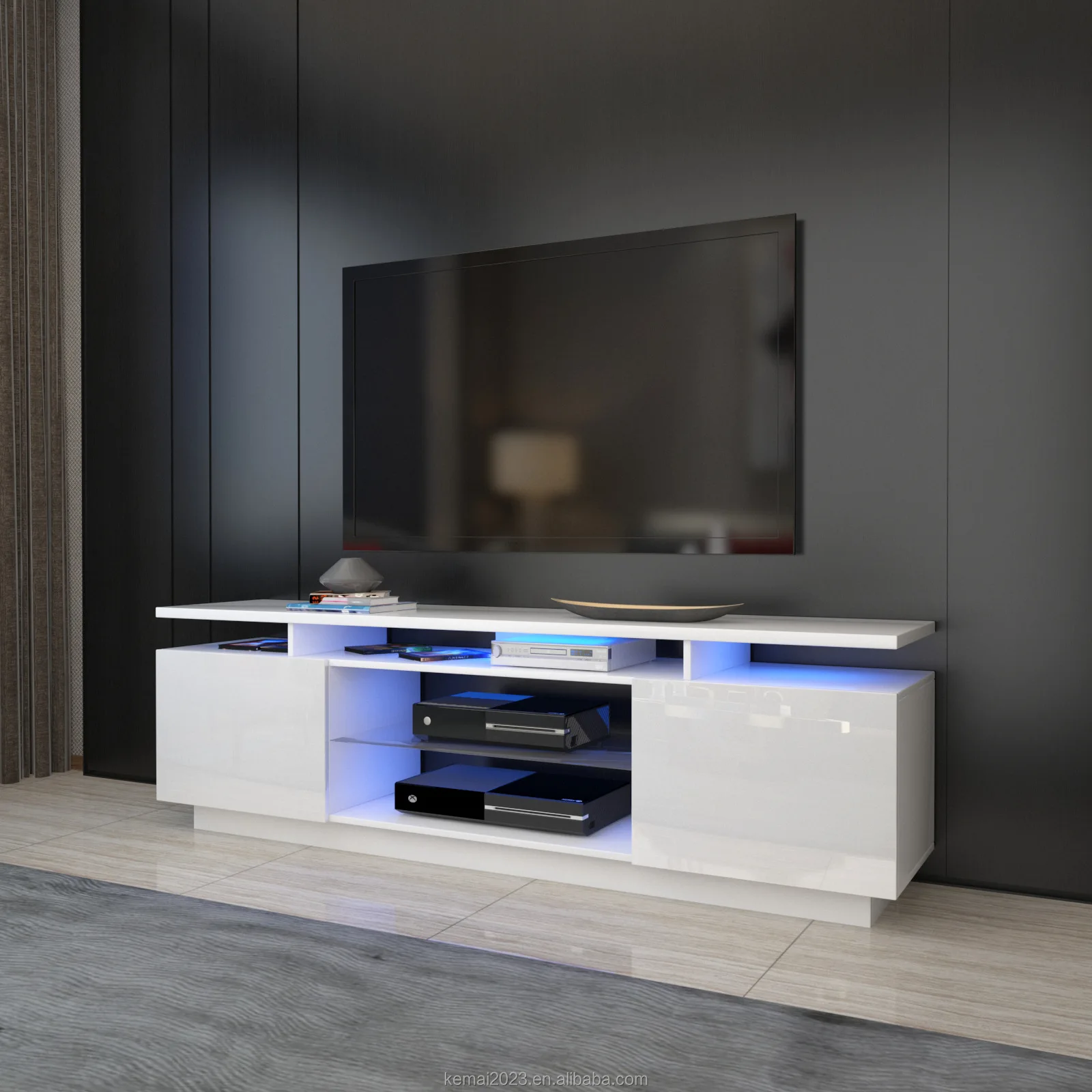 Modern High Gloss Tv Unit Cabinet Stand With Led Lights Shelves Home ...