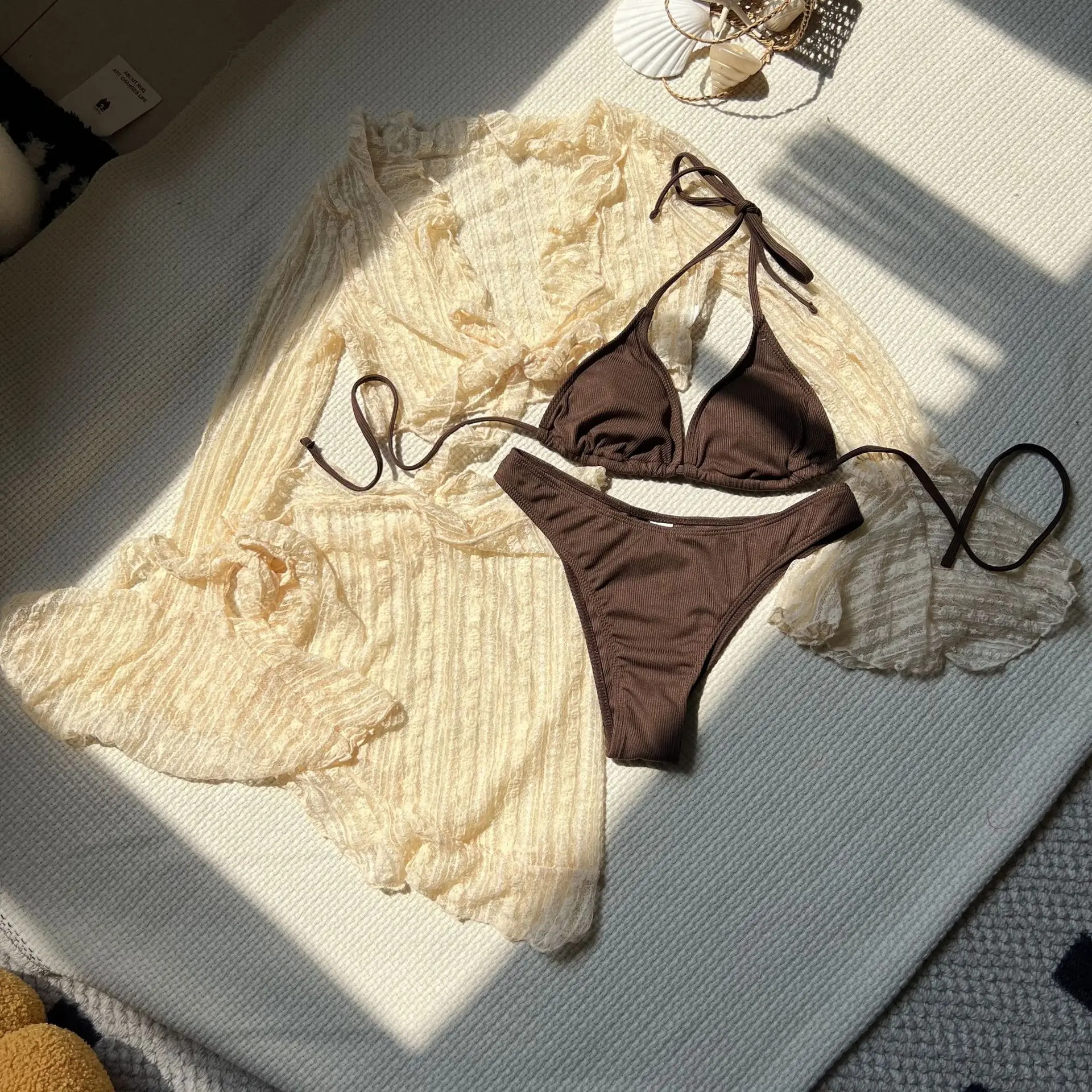 Woman Summer 2025 Lace Mesh Swimsuit 4 Piece Sets Bikinis Cover Ups ...