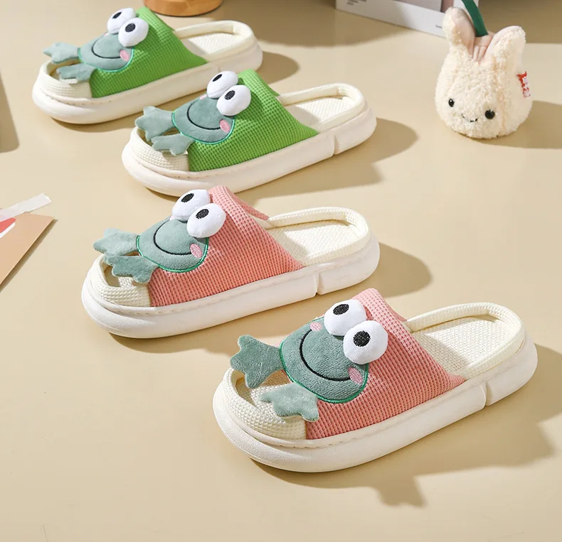 Boys And Girls Frog Linen Slippers Couple Household Non-slip Thick ...