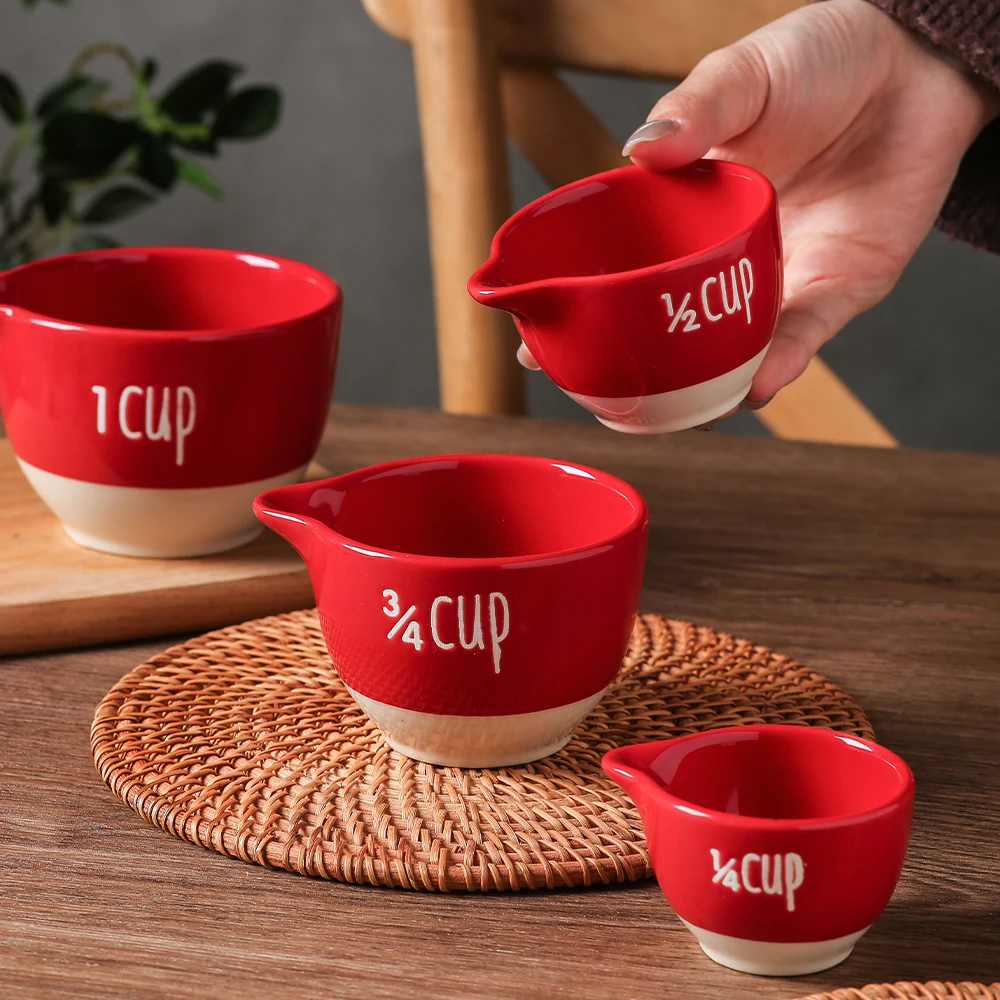 Custom Porcelain Red Baking Gadgets Sets Of 4 Measuring Tools Ceramic ...