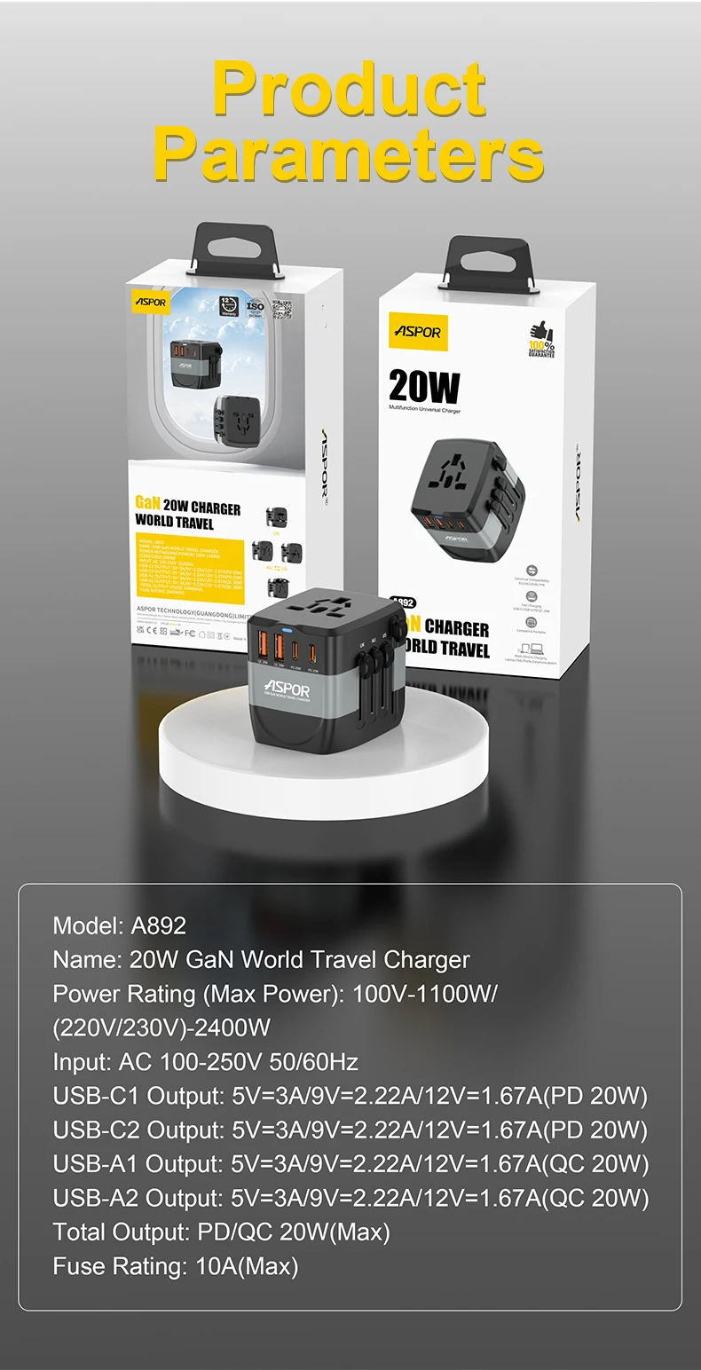 ASPOR A892 World International Travel Plug Adapter 20W Pd QC Dual USB-C ...