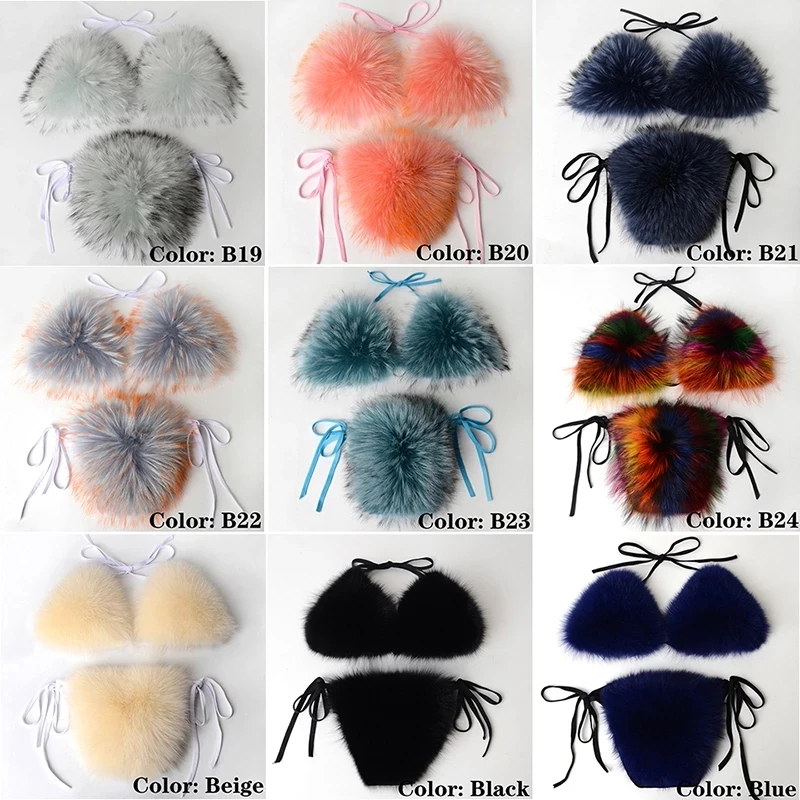 Latest Hot Two Pieces Fur Bikini Girl Women Ladies Cute Fluffy Bra And ...