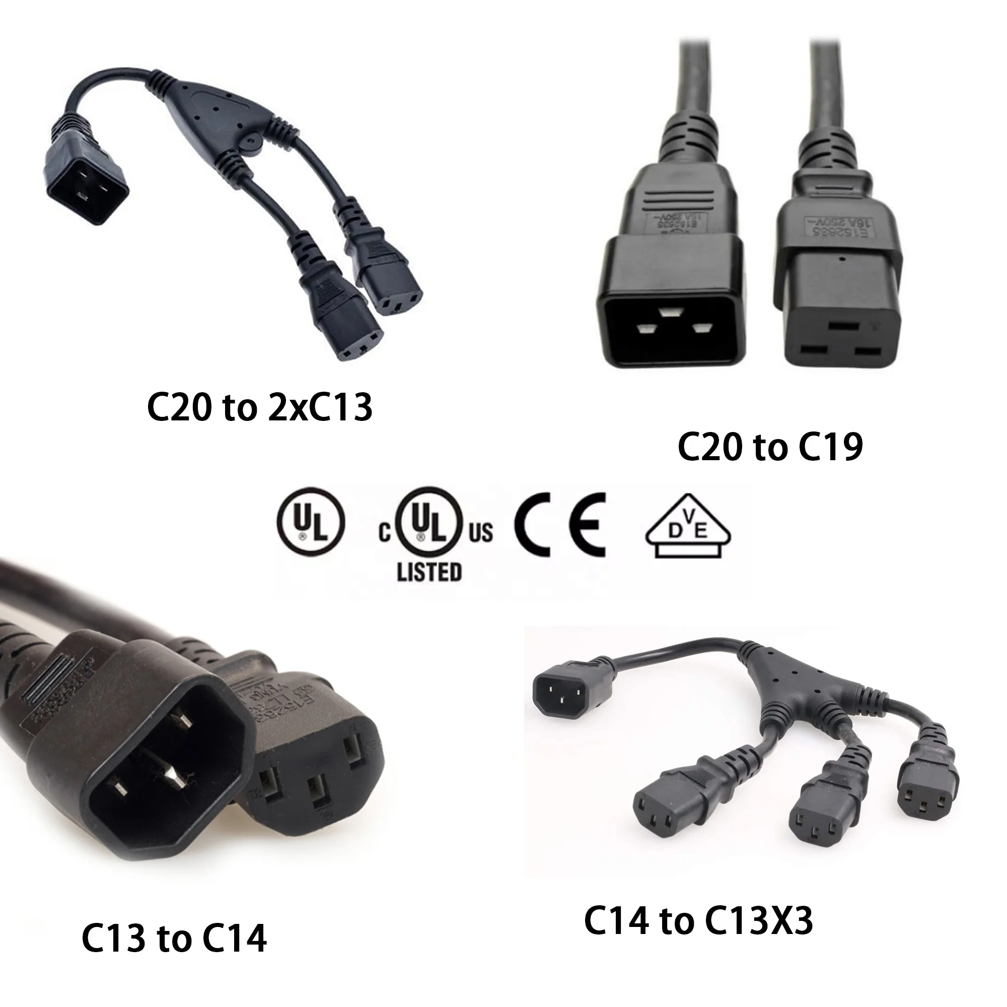 Copper Core 12awg Iec C20 To 14 Awg 2 X C13 Power Cable For Power Distribution Unit Extension ...