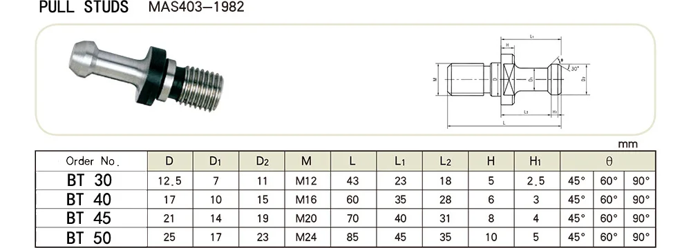 BT30 BT40 BT50 Spindle with 45 Degree Outer Screw Pull Stud Clamp