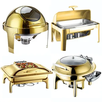 Luxury Buffet Equipment Stainless Steel Gold Glass Chafing Dish Roll Top Hydraulic Chaffing ...