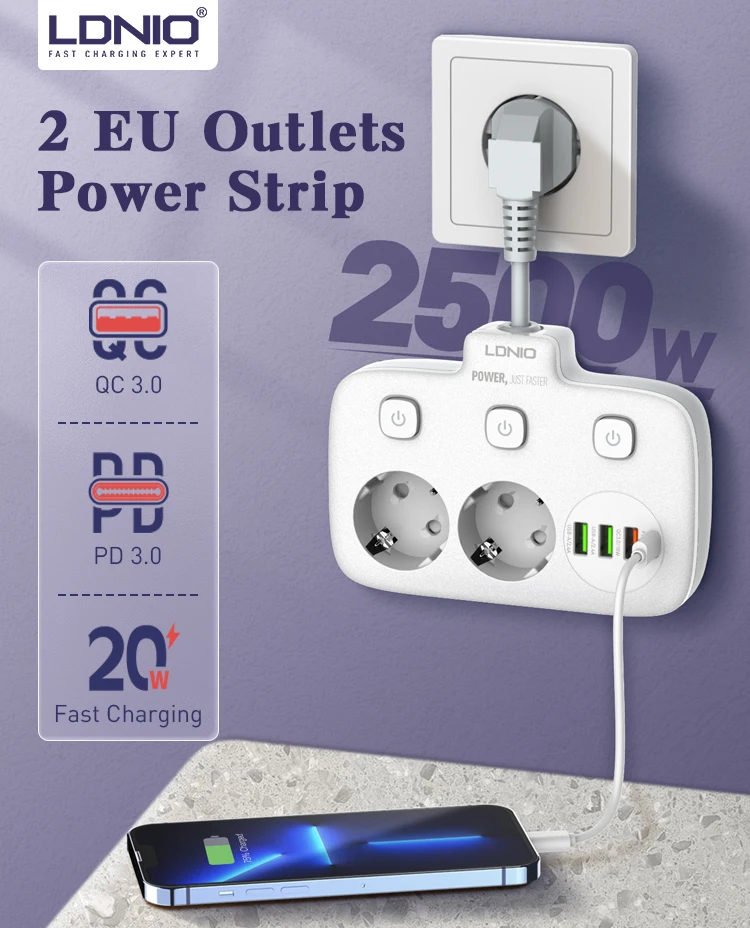 LDNIO SE2435 2 Way Power Strip With USB 4 Ports Multi Plugs Sockets ...