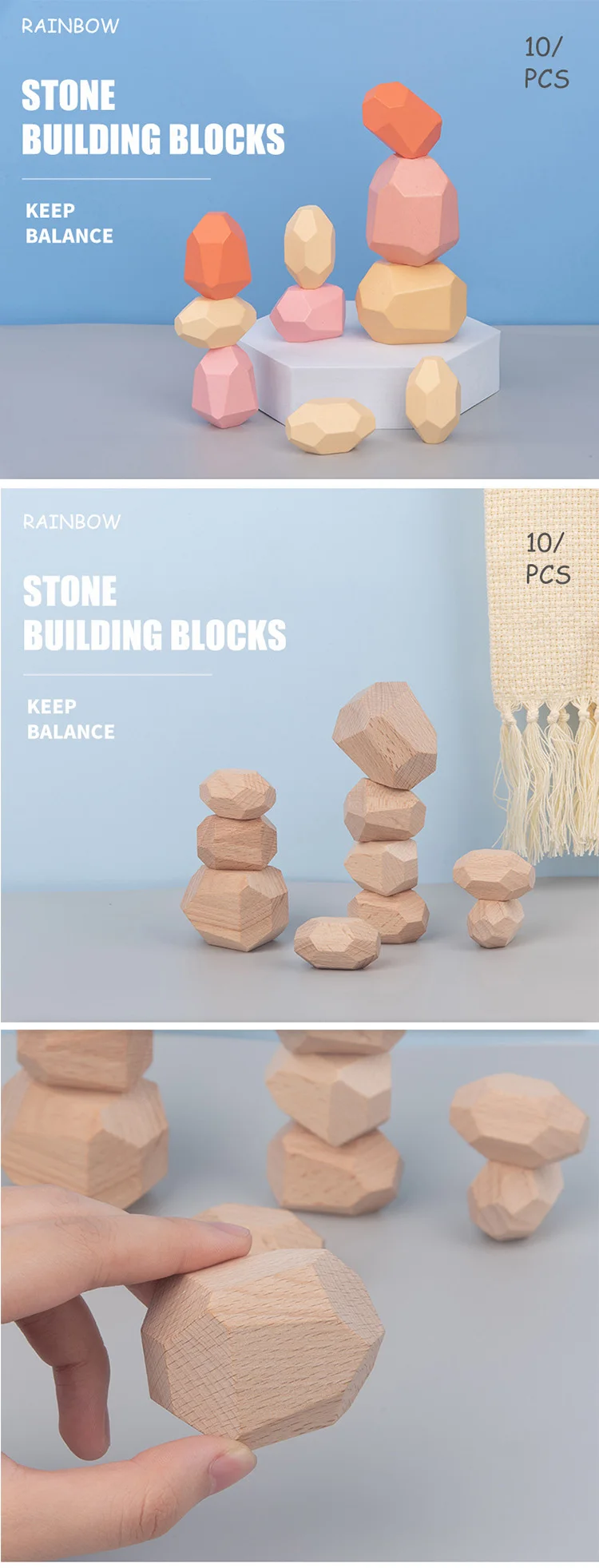 Commiki Wooden Balance Rainbow Colored Stone Blocks Toys Children ...