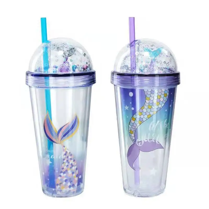 2024 Mermaid Plastic Bottle With Straw Summer Double Pearl Cups For ...