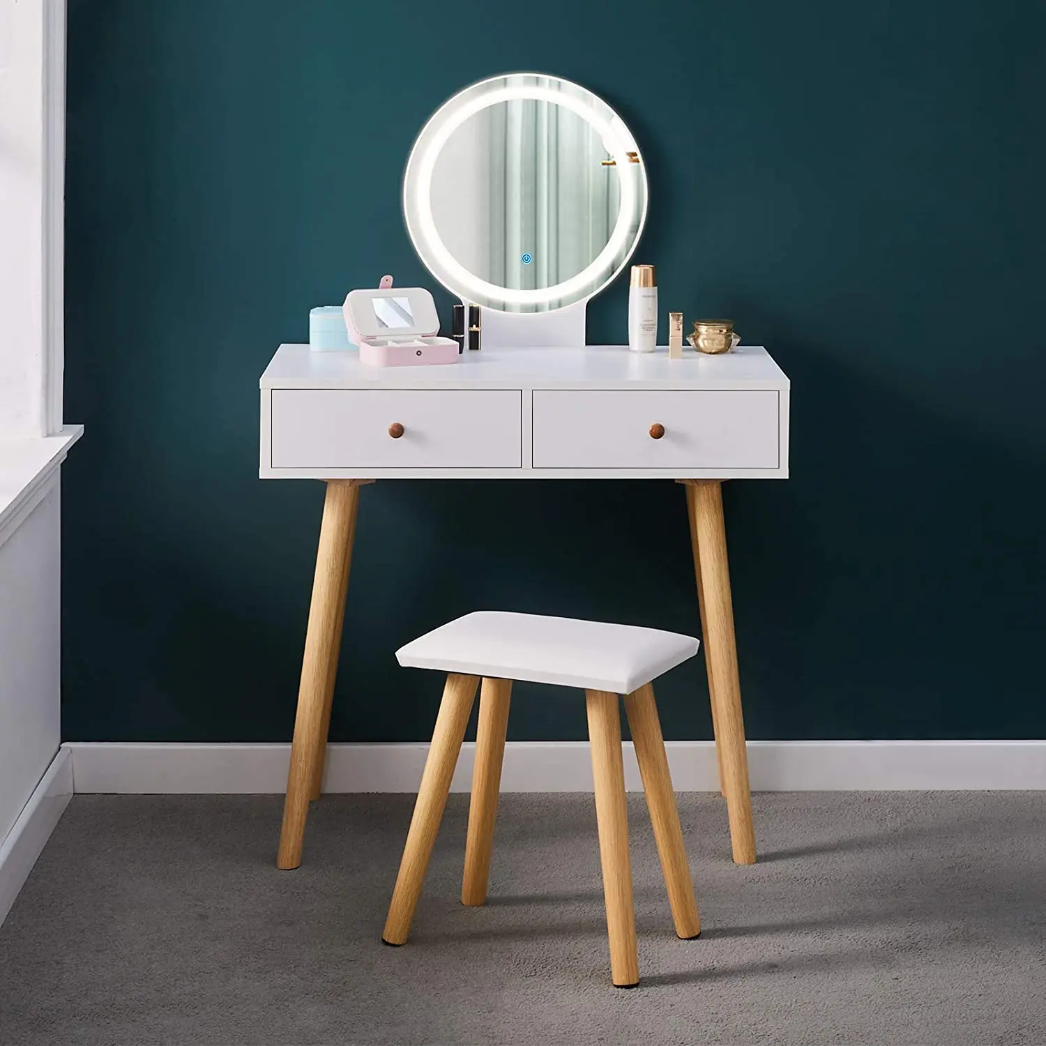 White Dressing Table with LED Lights - Perfect for Girls