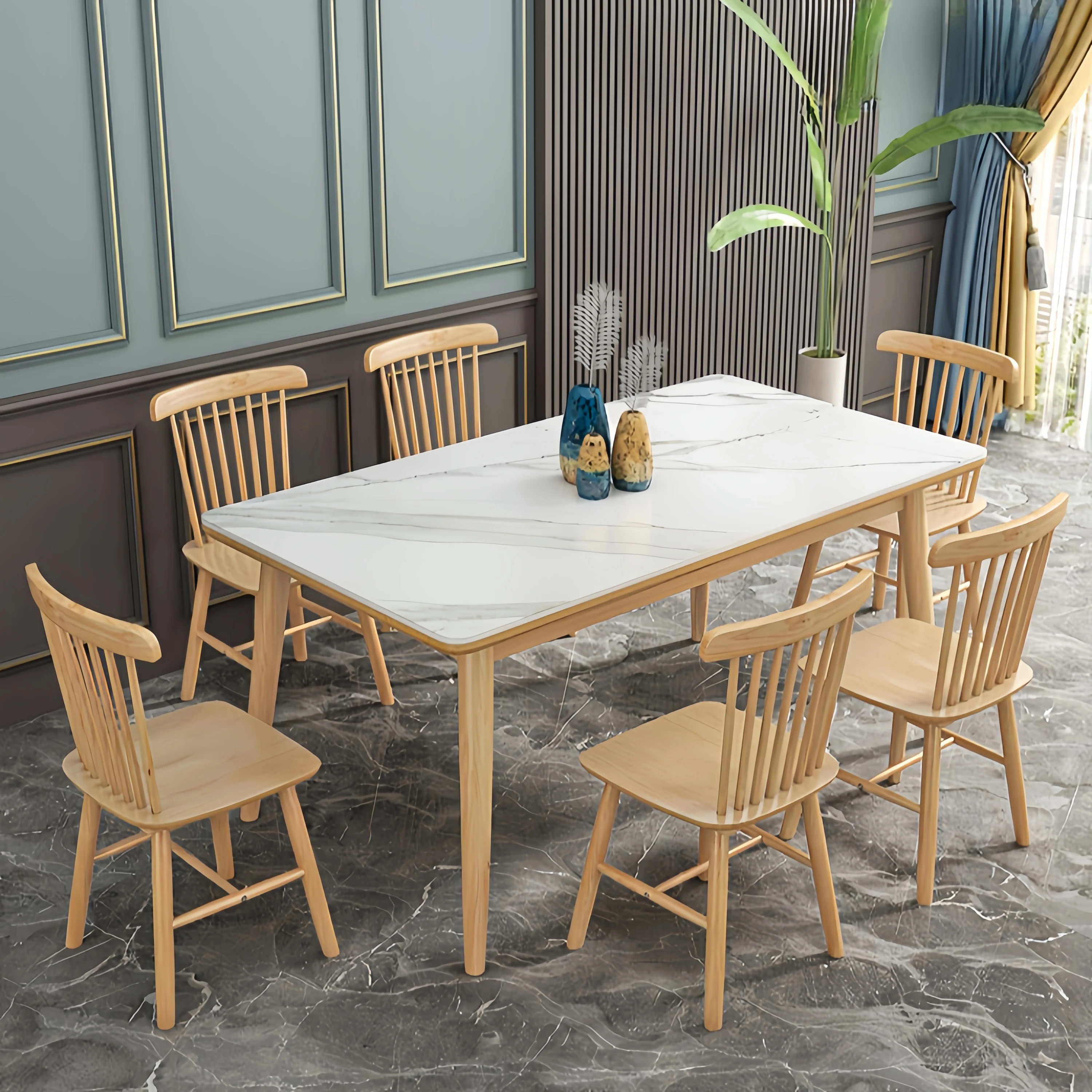 Modern Simple Solid Wood Frame Slate Top Dining Table and Chair Sets ...