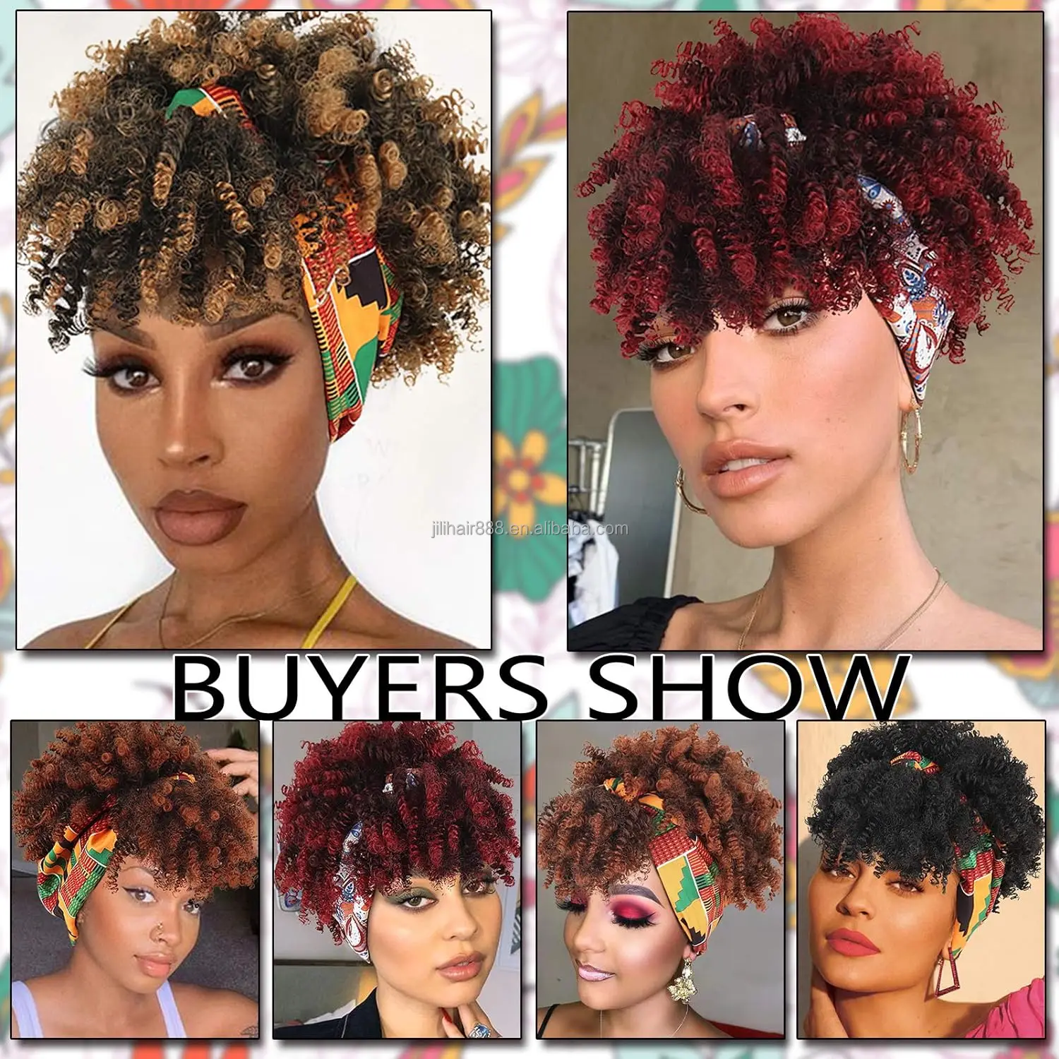 Short Kinky Curly With Bangs Headwrap Wigs 2 In 1 Synthetic Short Afro ...