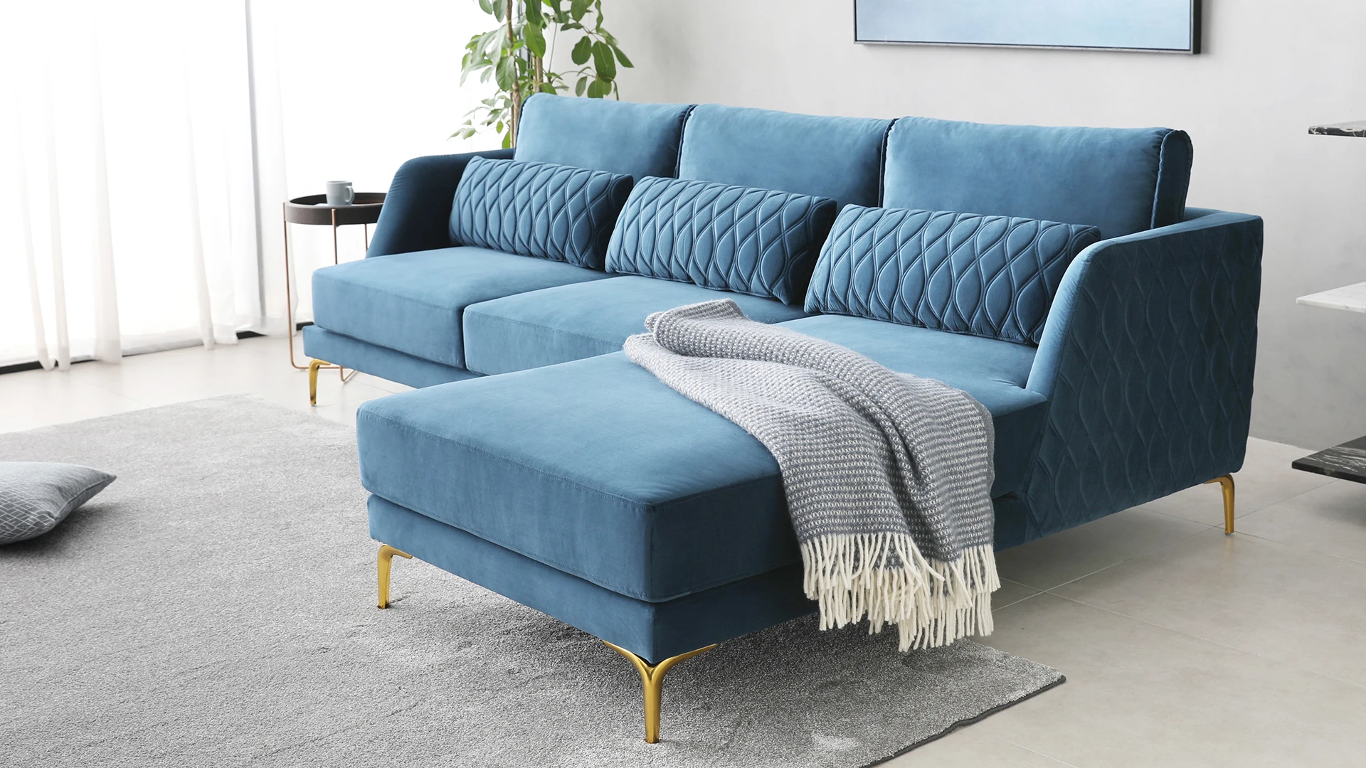 High-tech Quilting Blue Velvet Sectional Sofa Couch L Shaped Typed Set ...