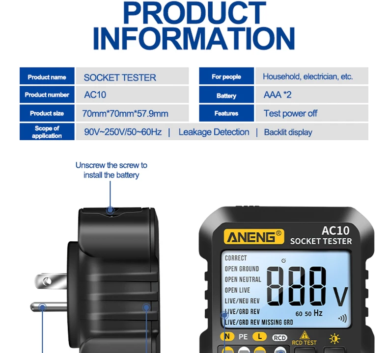 ANENG AC10 Socket Tester - Reliable Plug Detection Tool