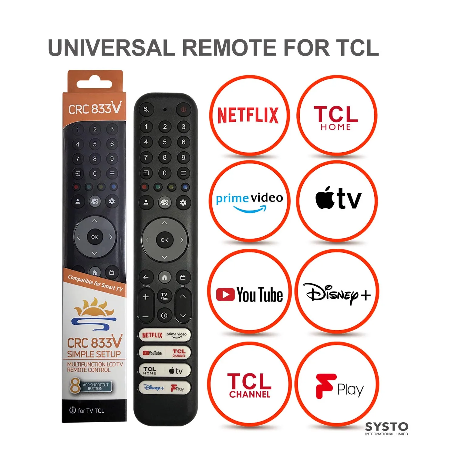 SYSTO CRC833V IR TV Remote Control - Universal for TCL TV