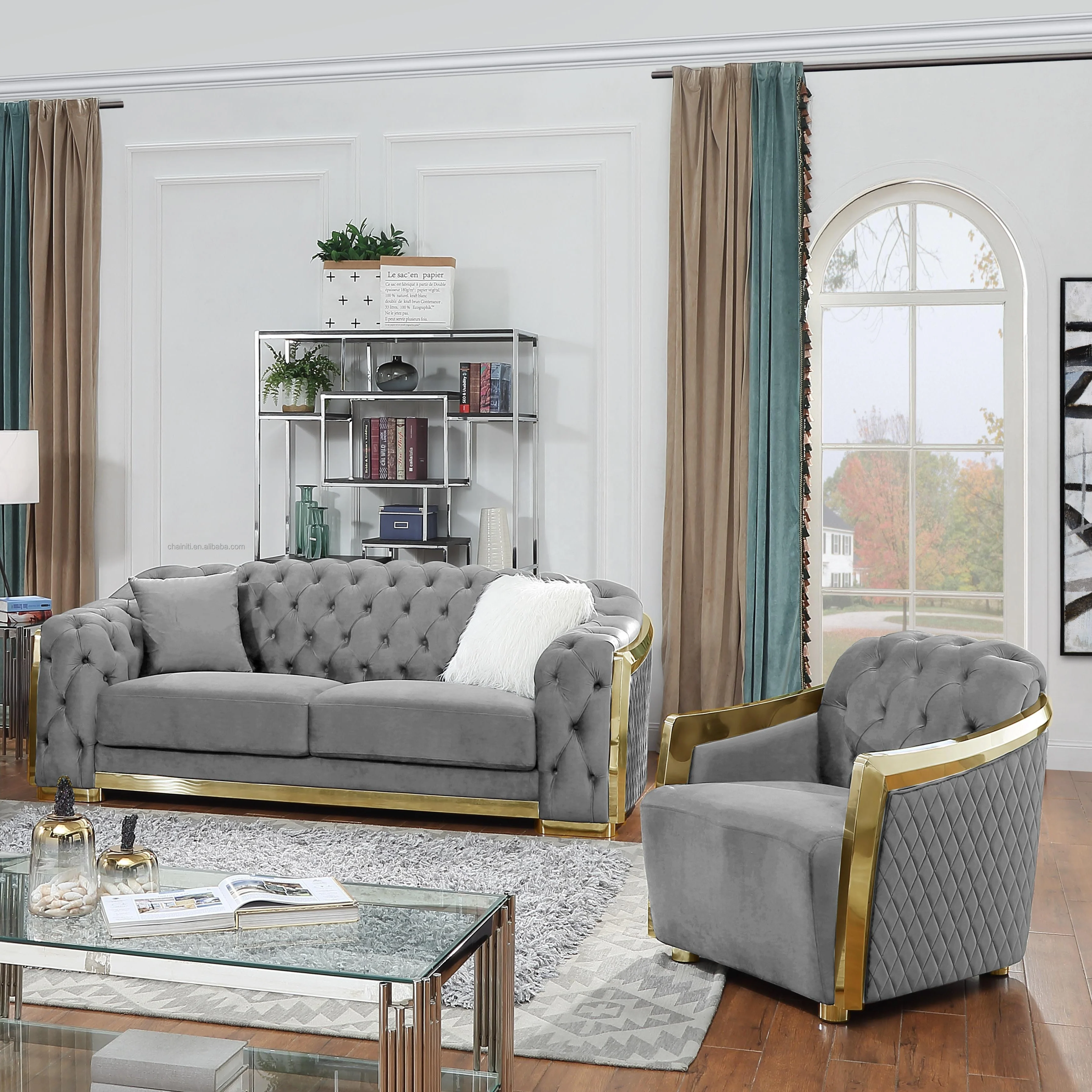 Modern Home Design Velvet Fabric Interior Sofa Set Tufted Sectional ...