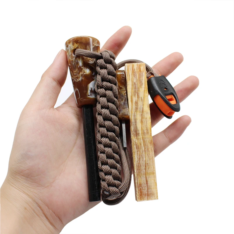 Bushcraft Emergency Whistle Paracord Strap Fatwood Tinder Ferro Rod HSS ...