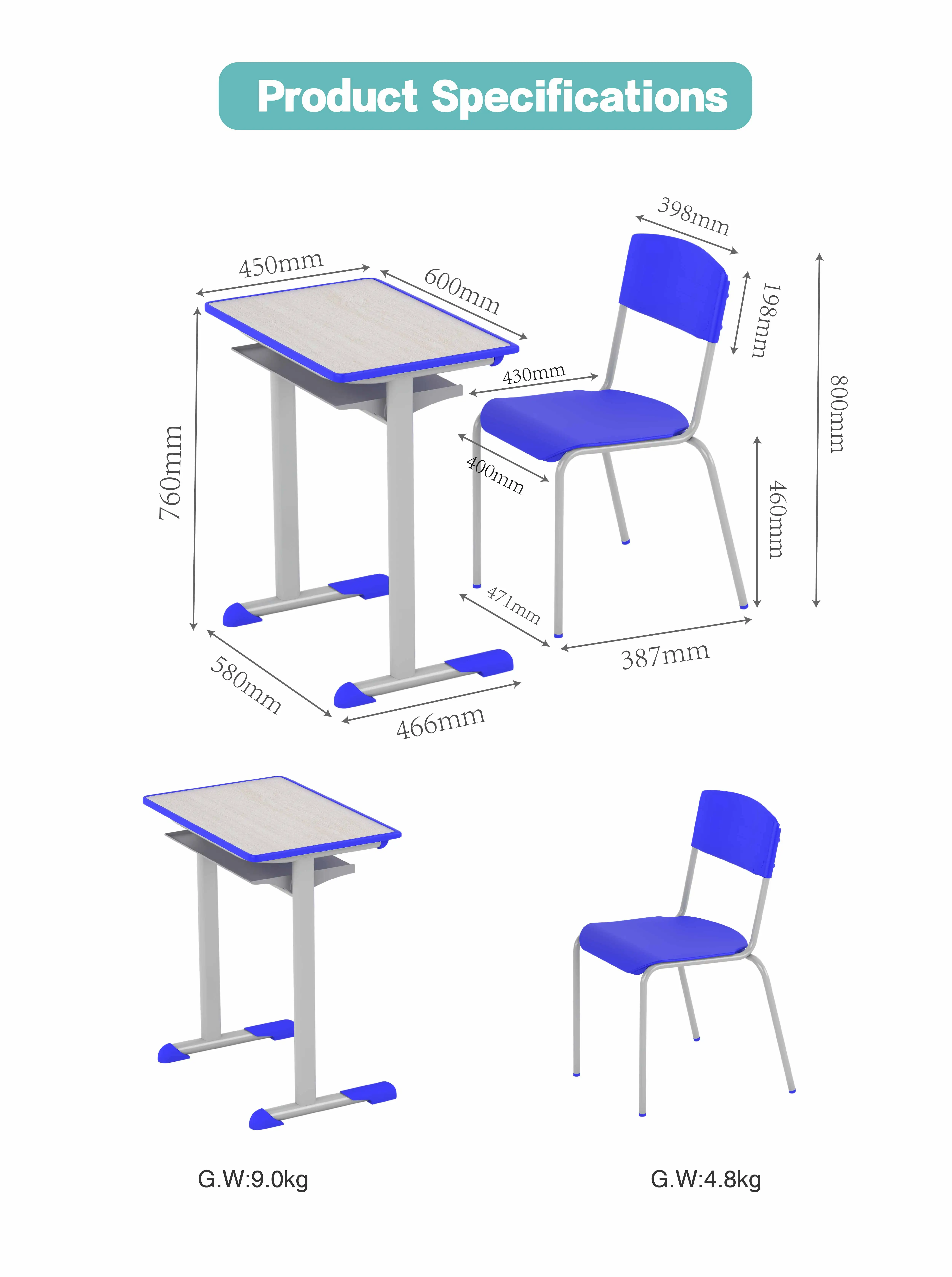 Cheap Durable School Furniture - Student Desk & Chair Set
