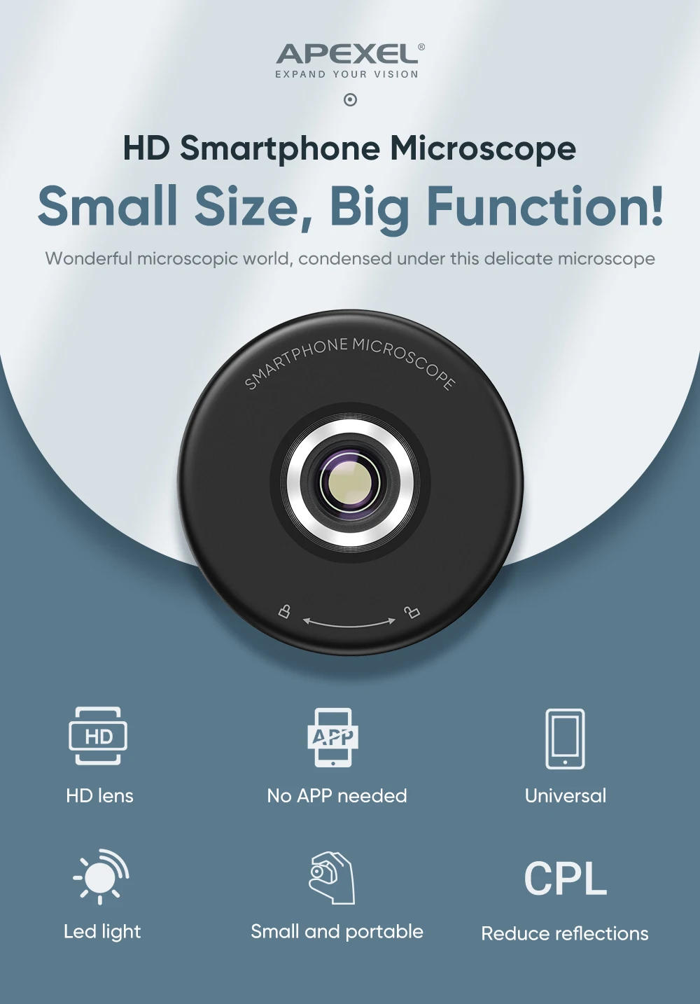 Apexel 100X LED Microscope Lens with CPL - Powerful & Easy