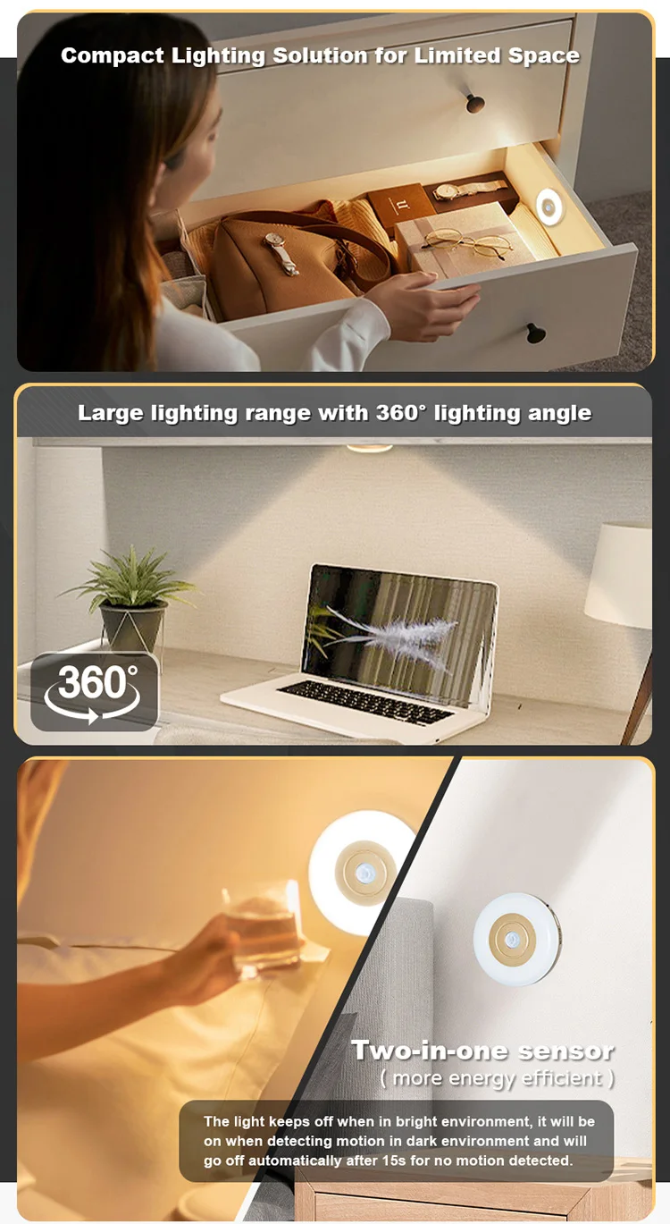 Automatic Battery Operated Led Rechargeable Cabinet Closet Sensor Round ...