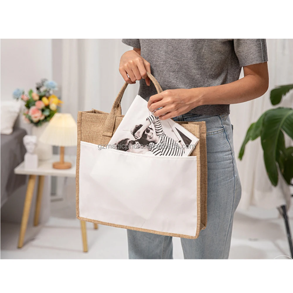 Sublimation Tote Bag With Pocket Blanks Custom Linen Burlap Jute Tote ...