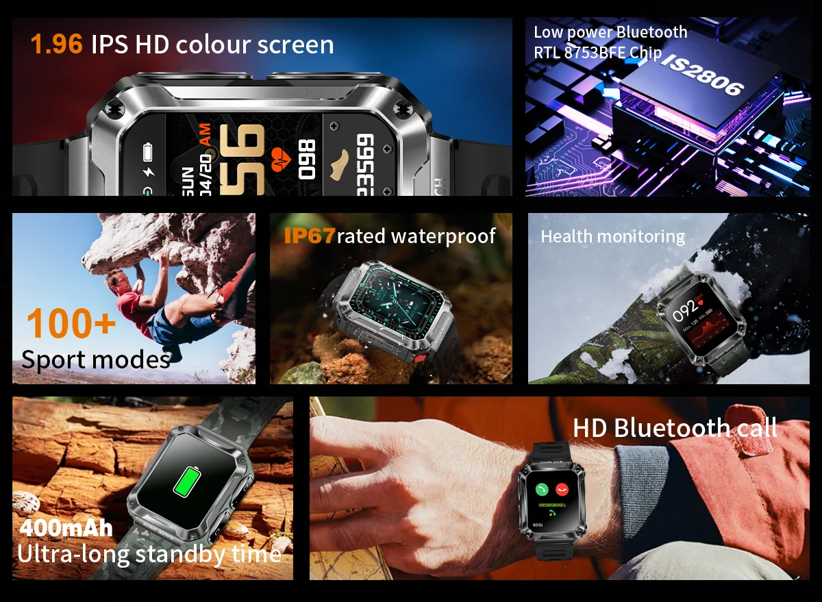 SENBONO T93 Smart Watch - 1.96" Screen, BT Call Earbuds