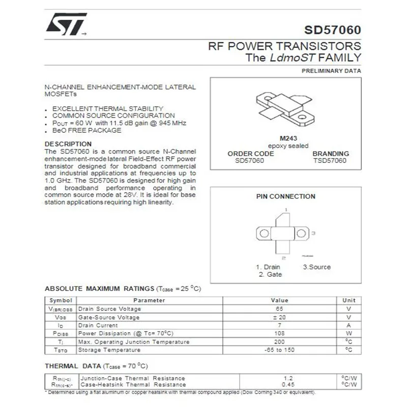 Sd57060 Tsd57060 M243 - Rf Power Transistor . N-channel Enhancement ...