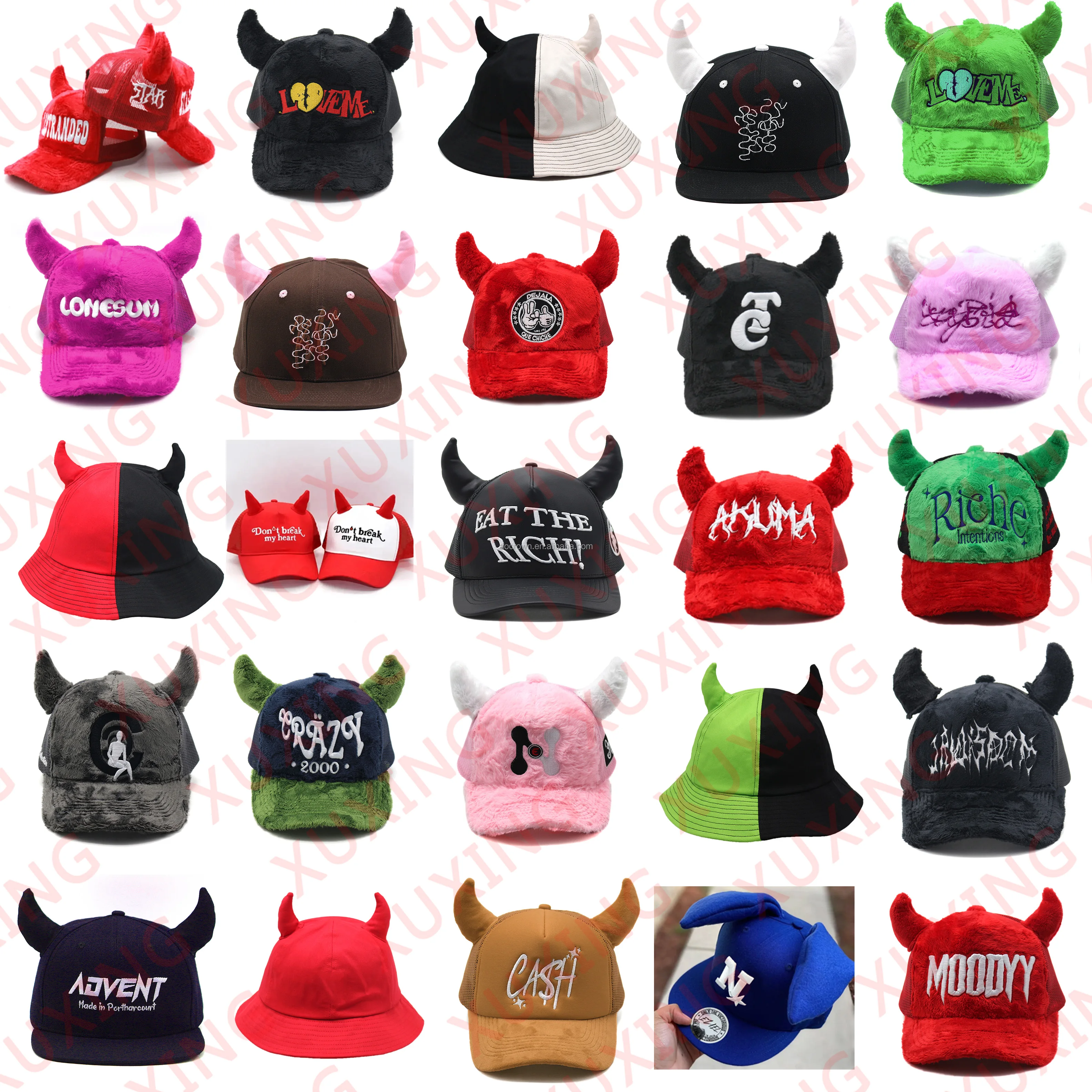 Cute Person Customized Devil Trucker Hat Fuzzy Velvet Trucker Hat Caps ...