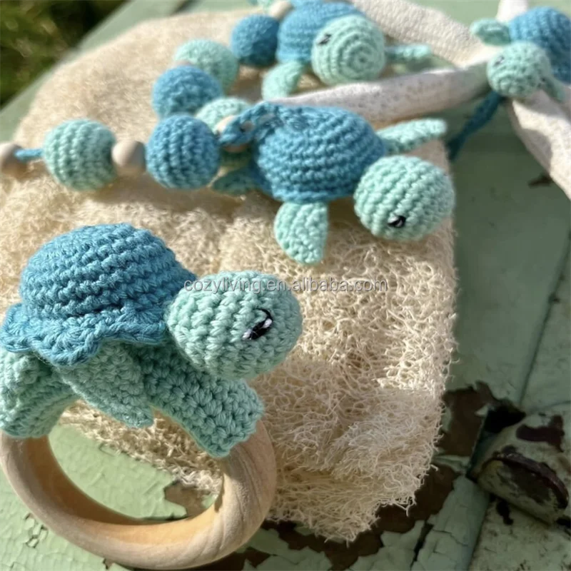 Amigurumi Turtle Sea Animals Stroller Crochet Pacifier Clip Beech Wood ...