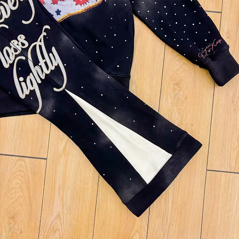 Streetwear Rhinestone Acid Wash Sweatsuit Cotton Flare