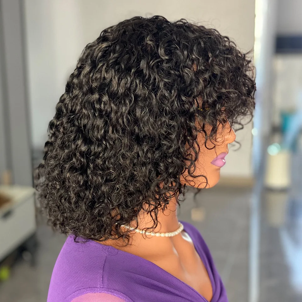 12 Inch Afro Wave Bob Wigs 200% Density Virgin Human Hair Wigs With ...