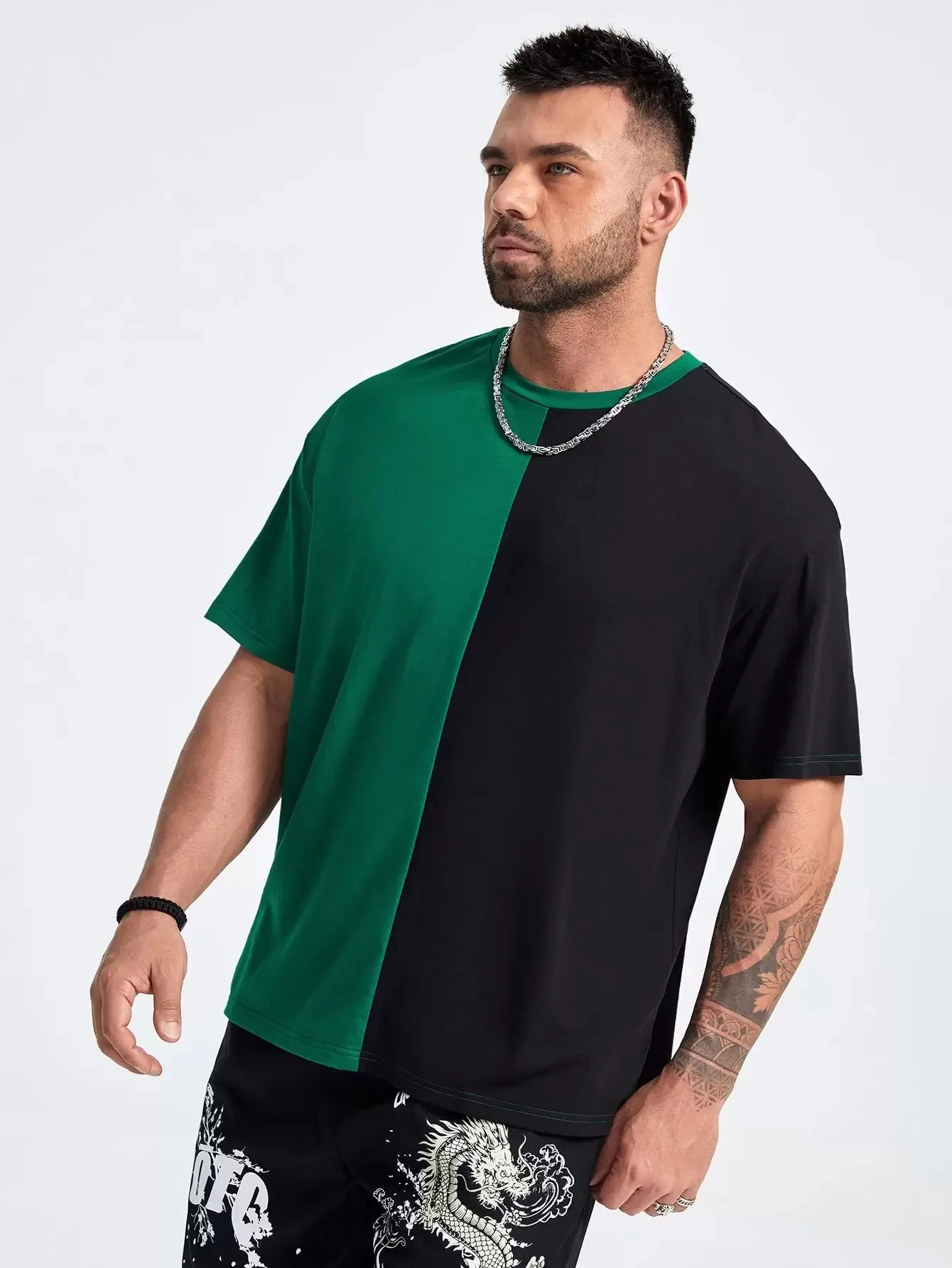 Men Round Neck Cotton Spandex Two Tone T-shirt Color Block Tshirt Cut ...