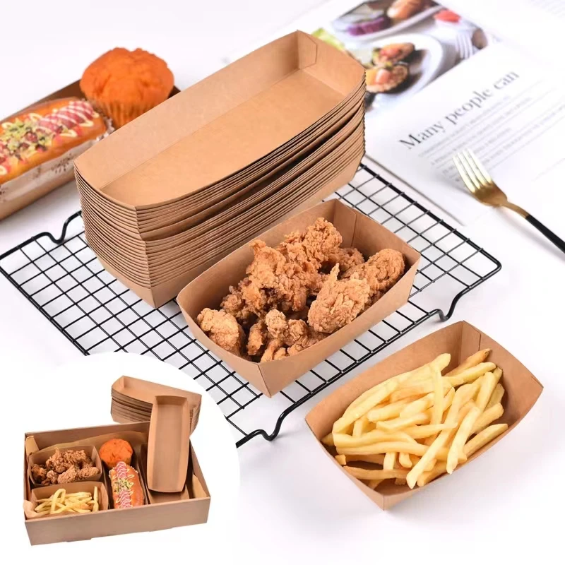 Oem Disposable Greaseproof Boat Shape Kraft Paper Box Take Away Food ...