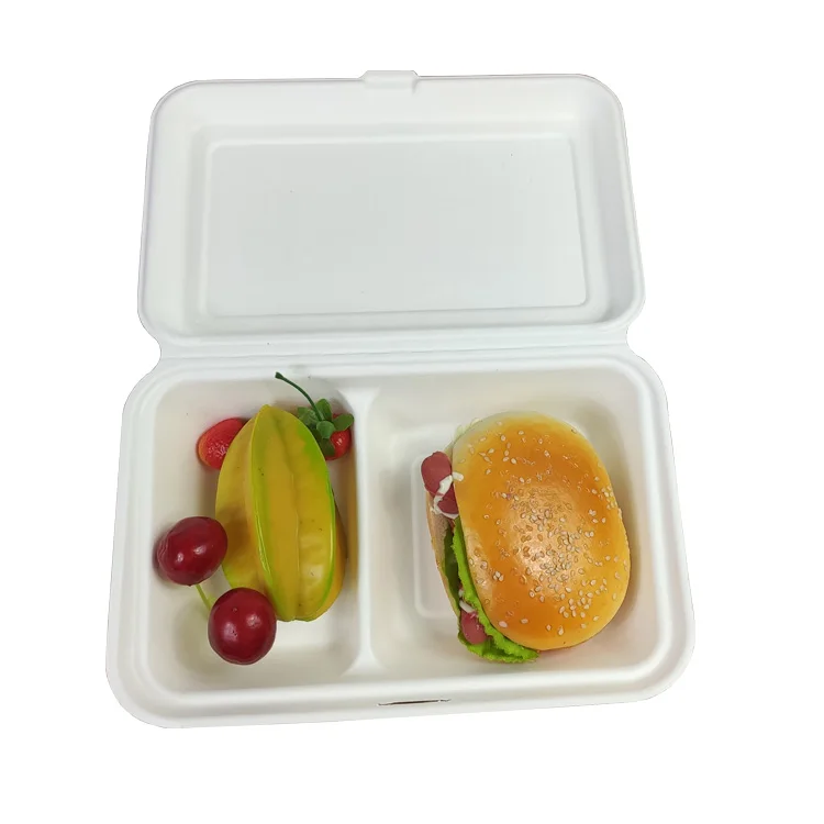 9x6x3" 2-compartment Compostable Sugarcane Divided Clamshell Hinged ...