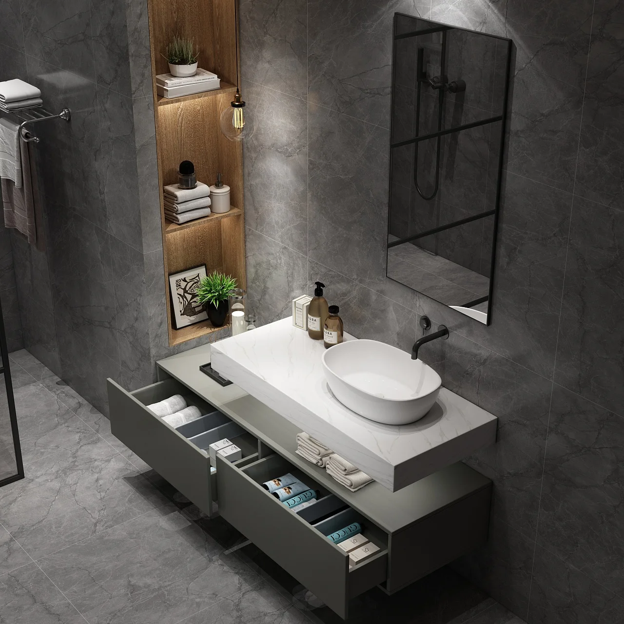 Modern Luxury Hotel Wall Mount Floating Cabinet Bathroom