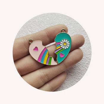 100pairs Enamel Rainbow Flower Heart Charms For Handmade Bracelet ...