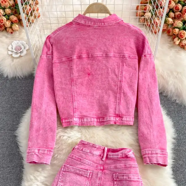 Pink Denim Jacket Women's High Waist Hip Skirt Two-Piece Suit Spring ...