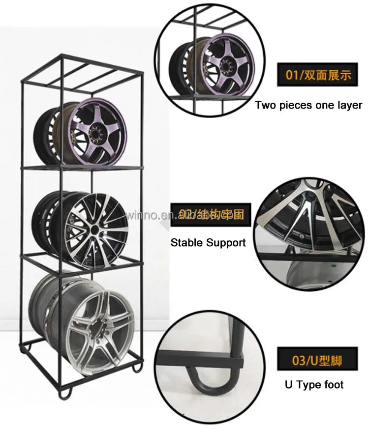 Black Car Wheel Rim Display Rack - Holds 8 Wheels Max