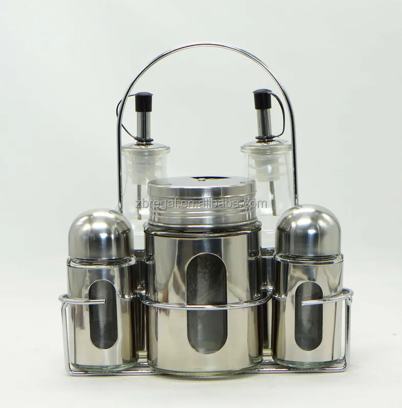 S/5 Glass Cruet Set With Stainless Steel And Metal Holder - Buy Oil And ...