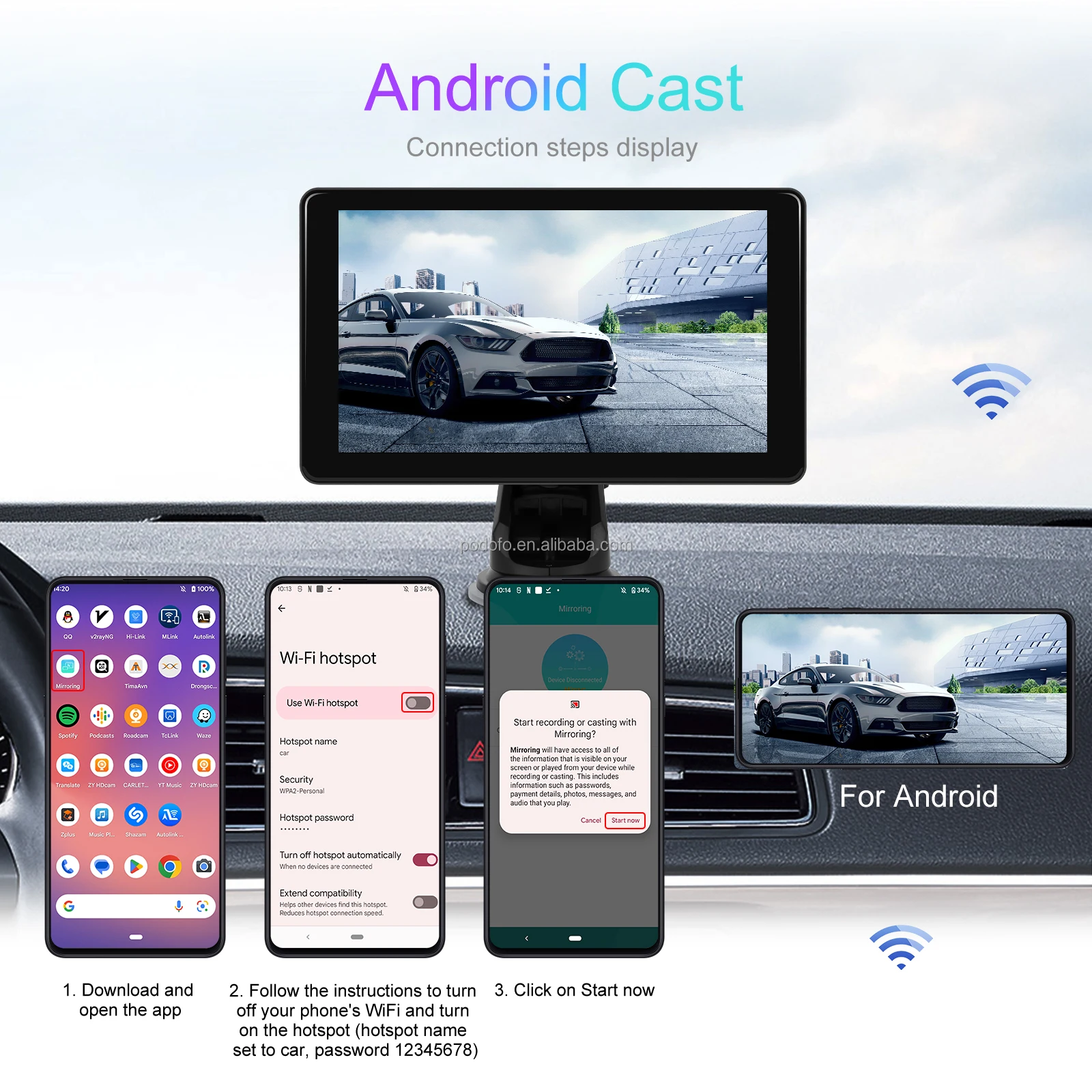 Podofo 7'' Portable Wireless Carplay & Android Auto Display With Fm ...