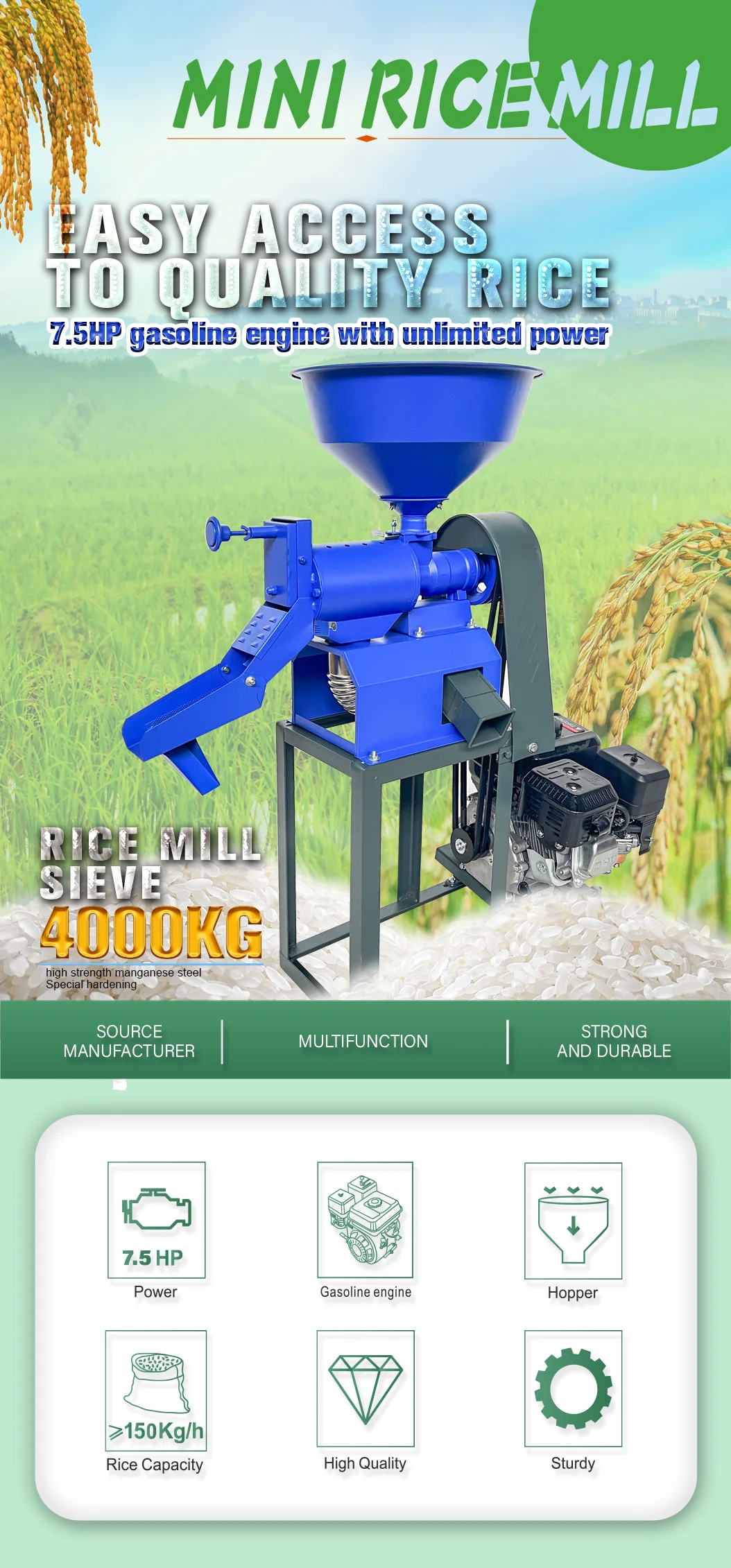 Backbone Machinery Mini Rice Mill Machine BB-N40G - 7.5 HP Gas Engine ...