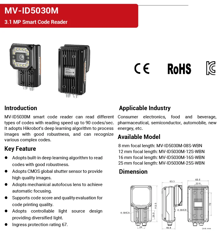 Hikrobot Mv-id5030m-12s-wbm 60fps Machine Vision 3.1mp Pixel Global ...