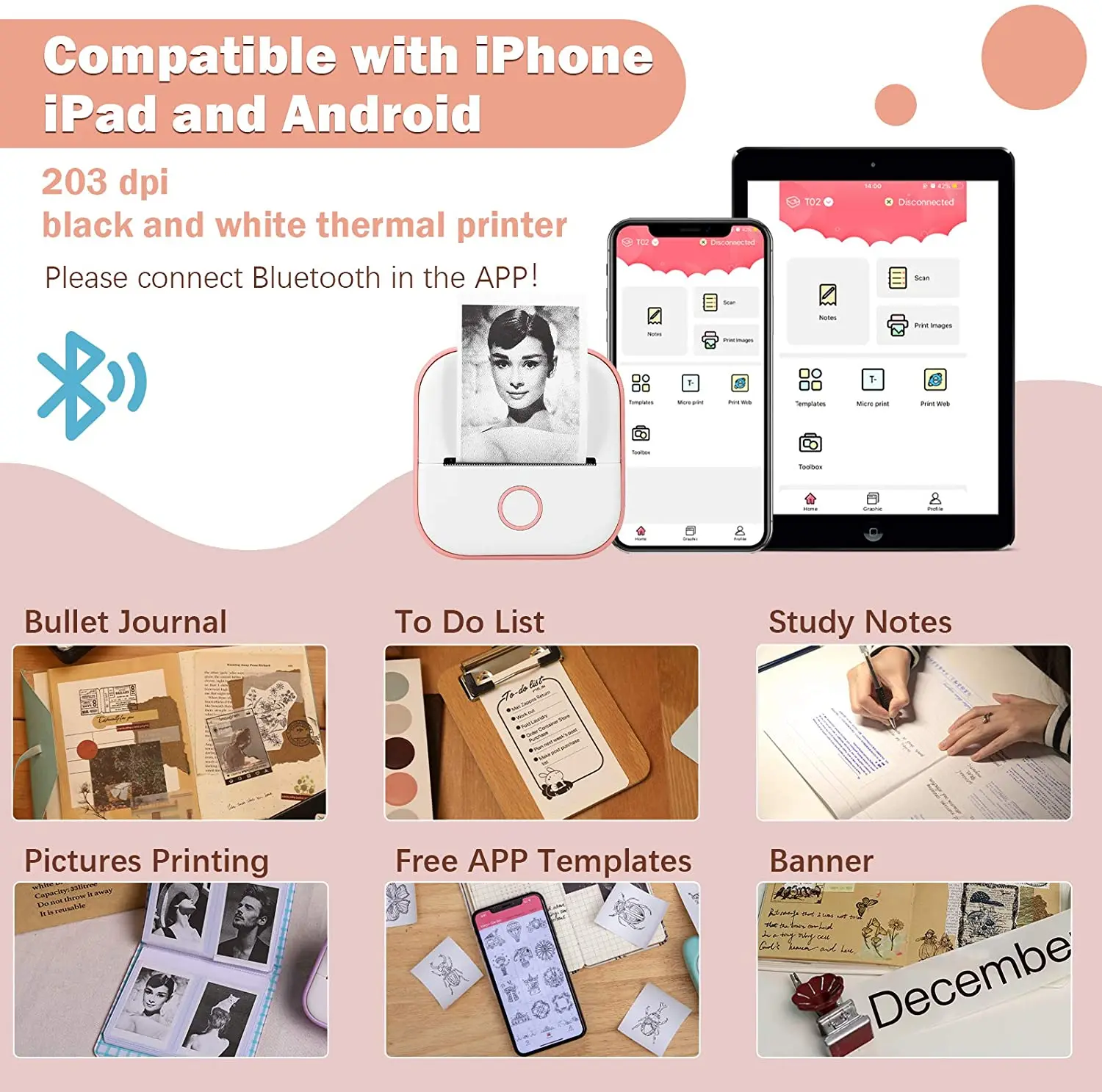 Portable Wireless Inkless Printer Phomemo T02 Thermal Mini Printer ...