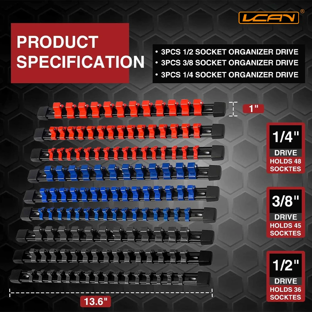 9-Piece Socket Tool Organizer Kit Standard Metric SAE 1/4 3/8 1 2 Inch ...