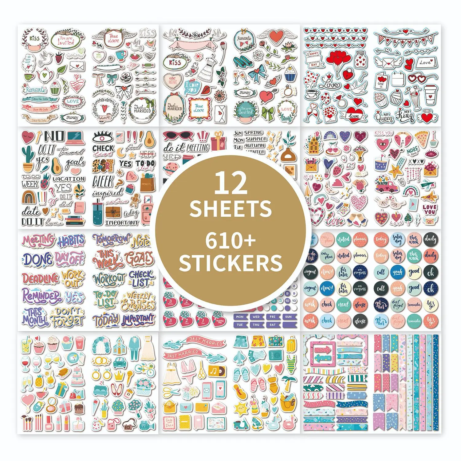 12 Sheets Romantic Engagement Wedding Planner Stickers Bridal Wedding ...