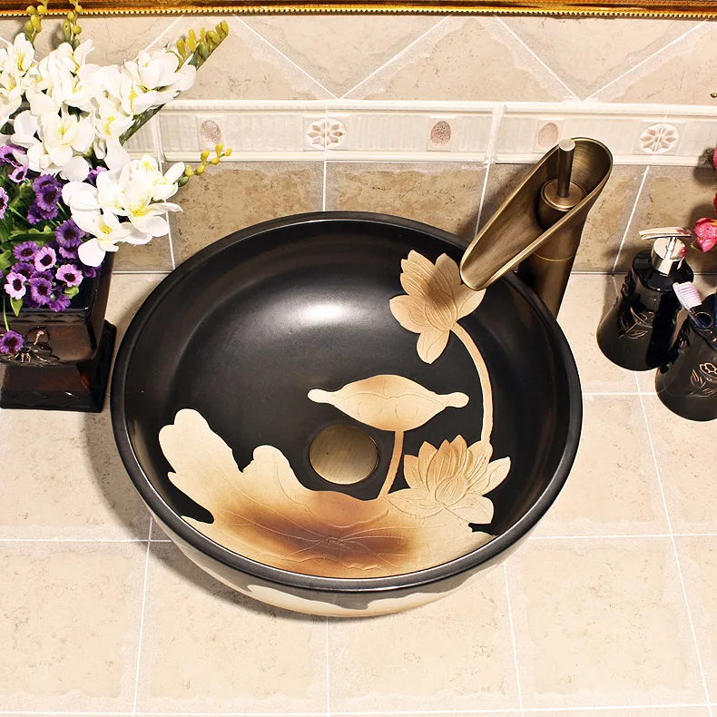 Embossed Lotus Europe Style Counter Top Basin Round Black Matt Art ...