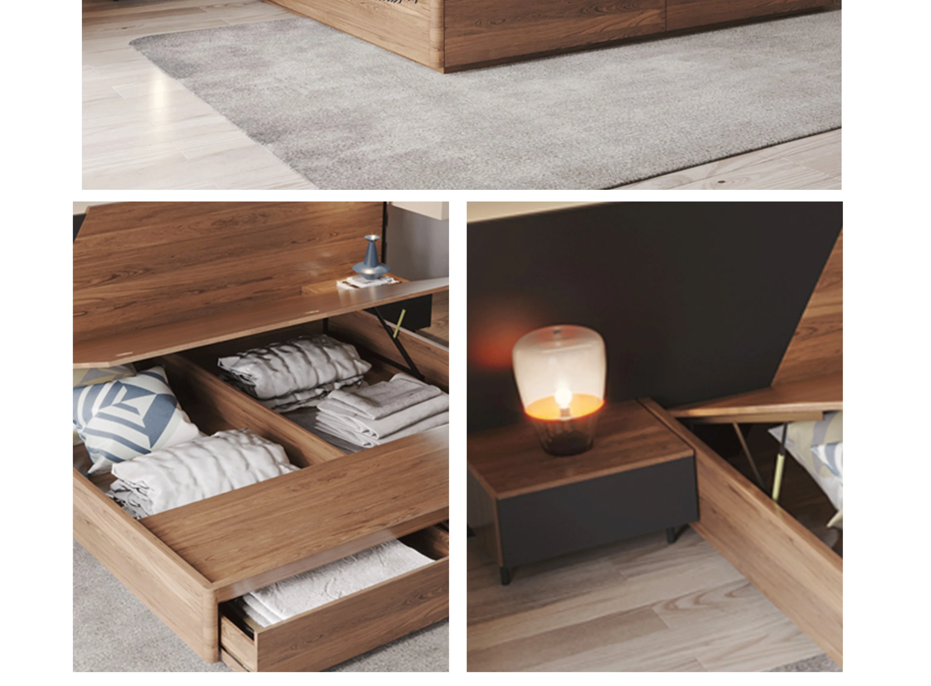 Modern Luxury Wood King Double Size Storage Bed Frame