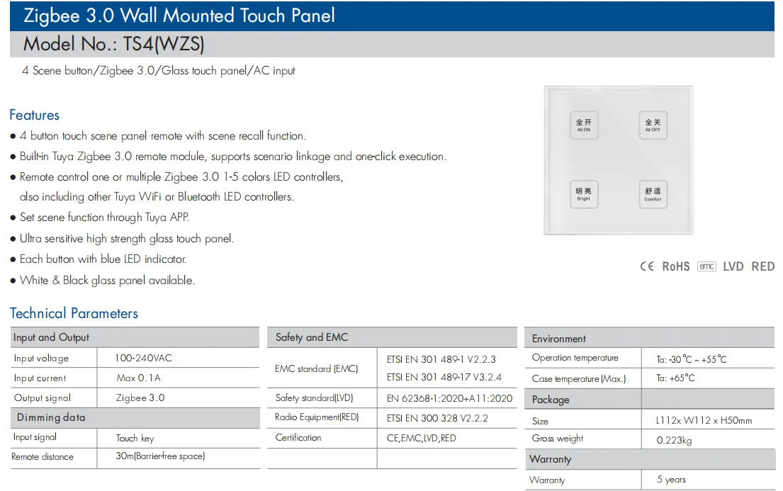 Ts4(wzs) 100-240vac 4 Scenes Tuya Zigbee Dimmer Touch Panel Switch Remote Control For Zigbee 3.0 ...
